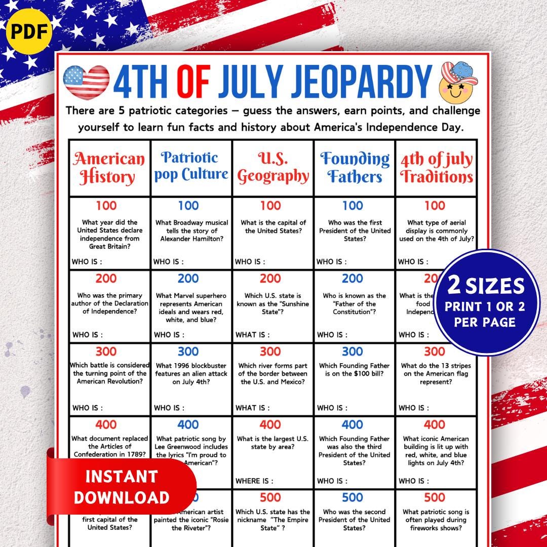 4th of July Jeopardy Game, American Trivia Game, Independence Day Quiz ...