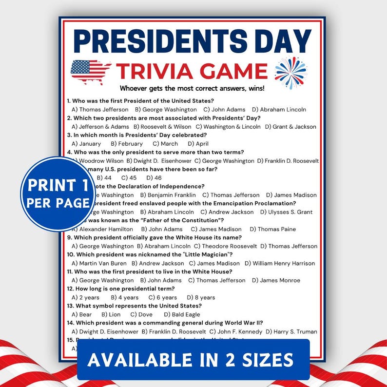 Presidents' Day Trivia Game, Printable Patriotic Trivia Quiz, Fun ...