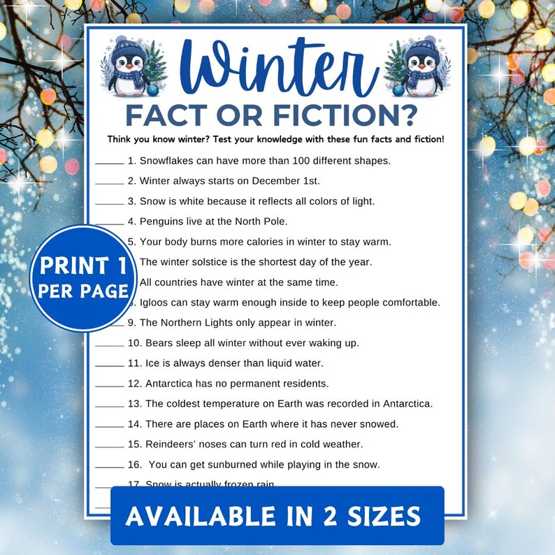 Winter Fact or Fiction Game, Printable Holiday Trivia Party Game ...