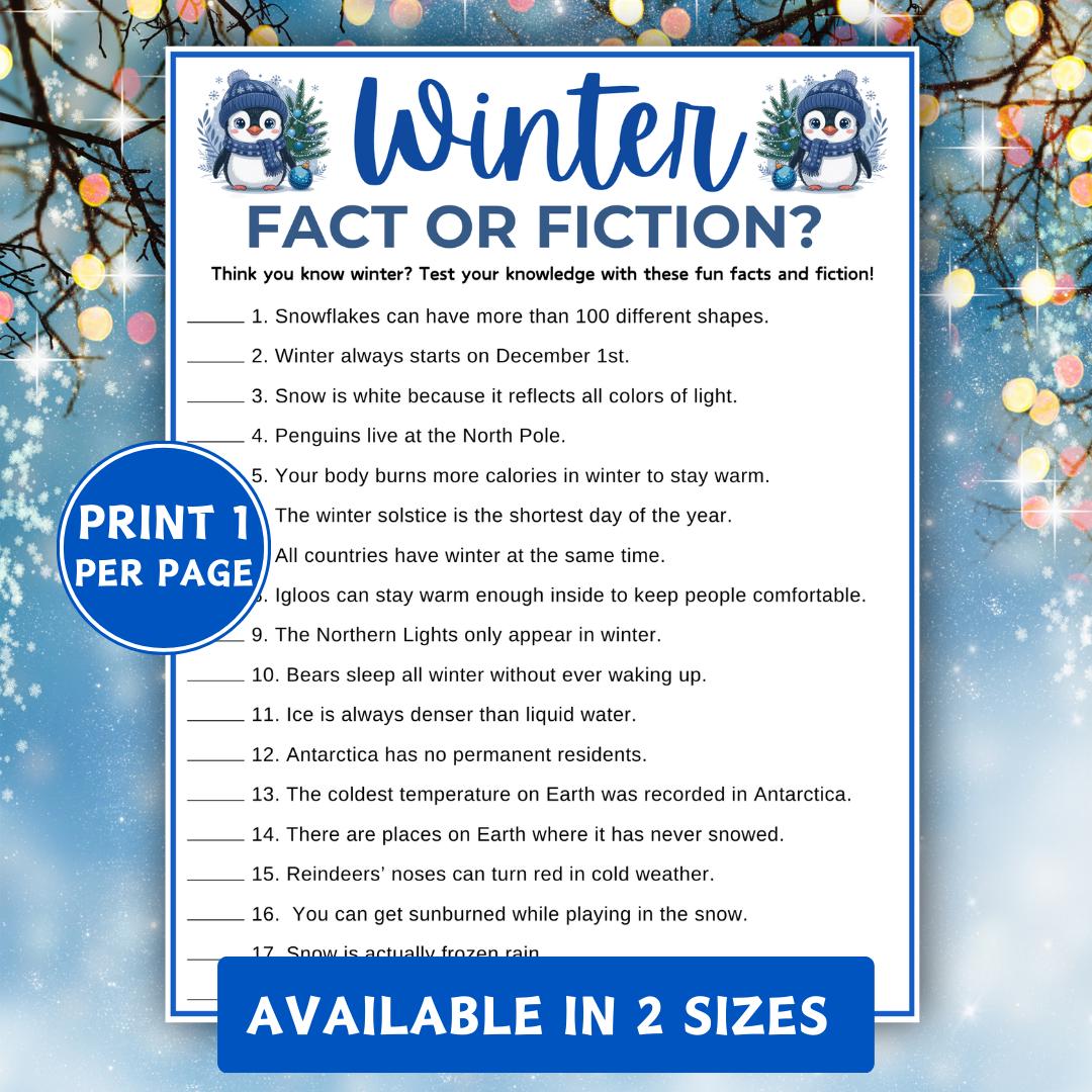 Winter Fact or Fiction Game, Printable Holiday Trivia Party Game ...