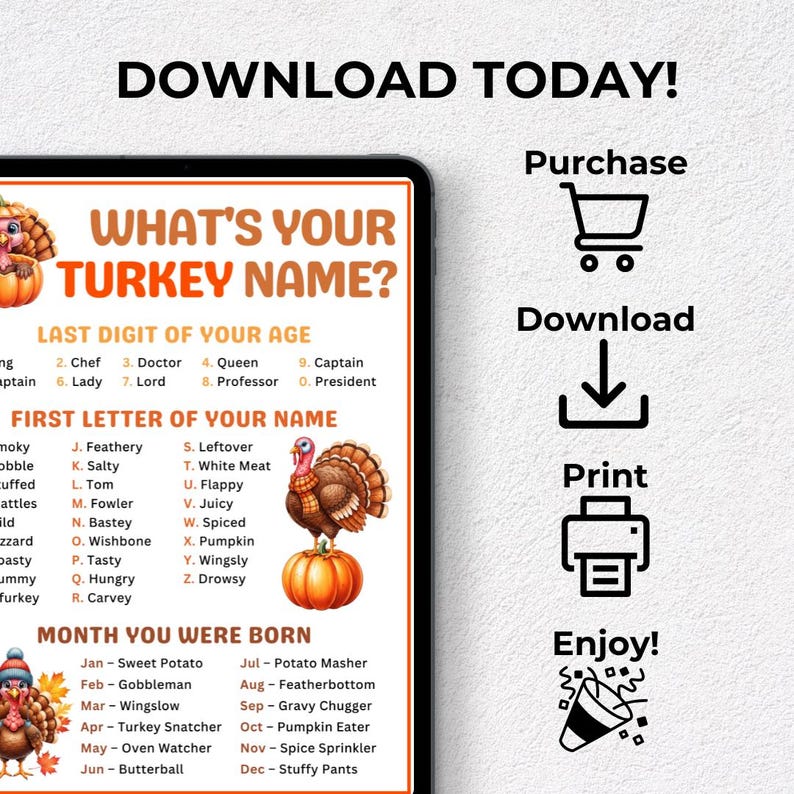 What's Your Turkey Name Game, Thanksgiving Game Printable, Thanksgiving ...
