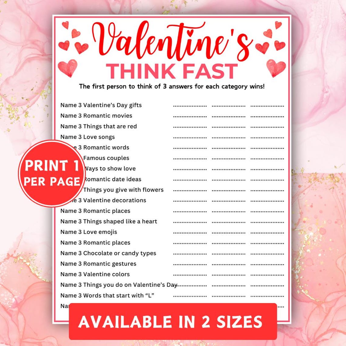 Valentine's Day Think Fast Game! Printable Valentines Games, Valentines ...