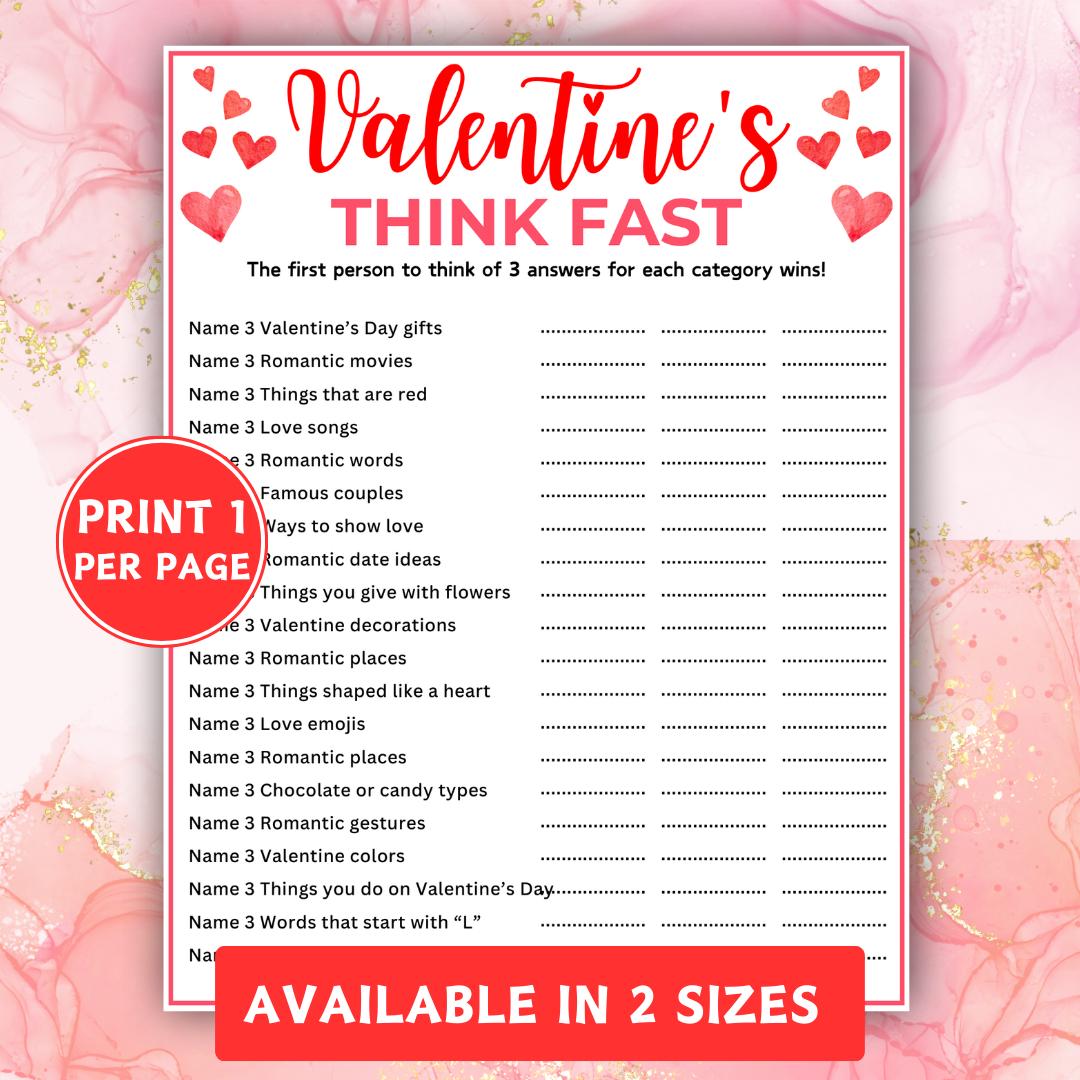 Valentine's Day Think Fast Game! Printable Valentines Games, Valentines ...