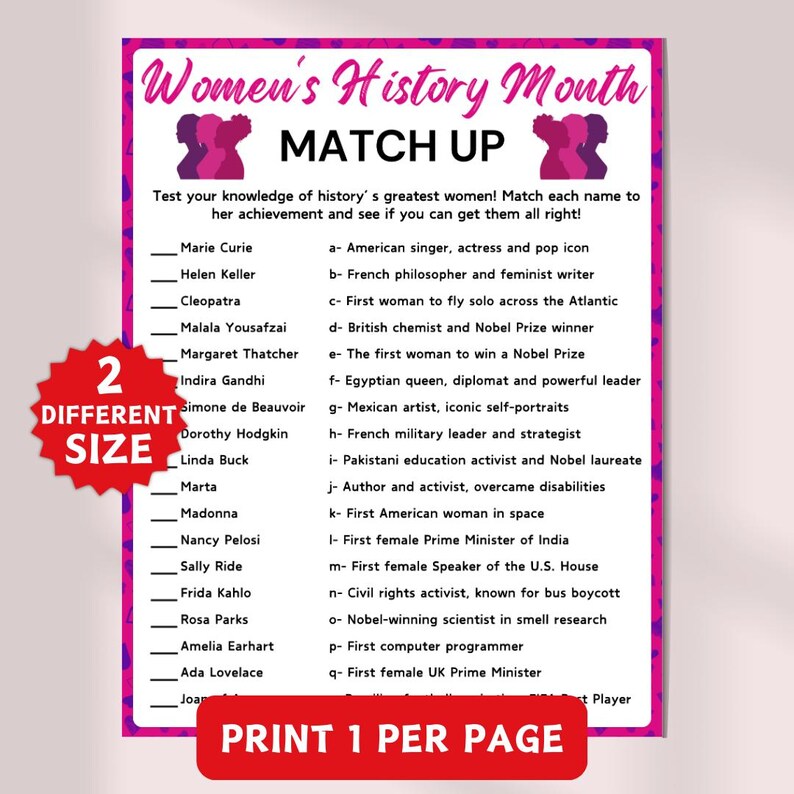 Women's History Month Match up Game, Women's Day Games, Famous Women ...