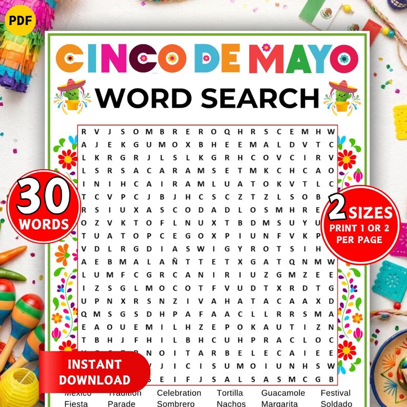 Cinco De Mayo Word Search Game, Printable Fiesta Games, Cinco De Mayo ...