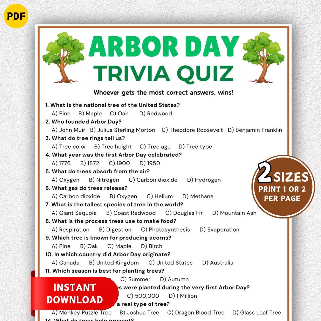 Arbor Day Trivia Game, Printable Nature Trivia Quiz, Spring Games, Tree ...