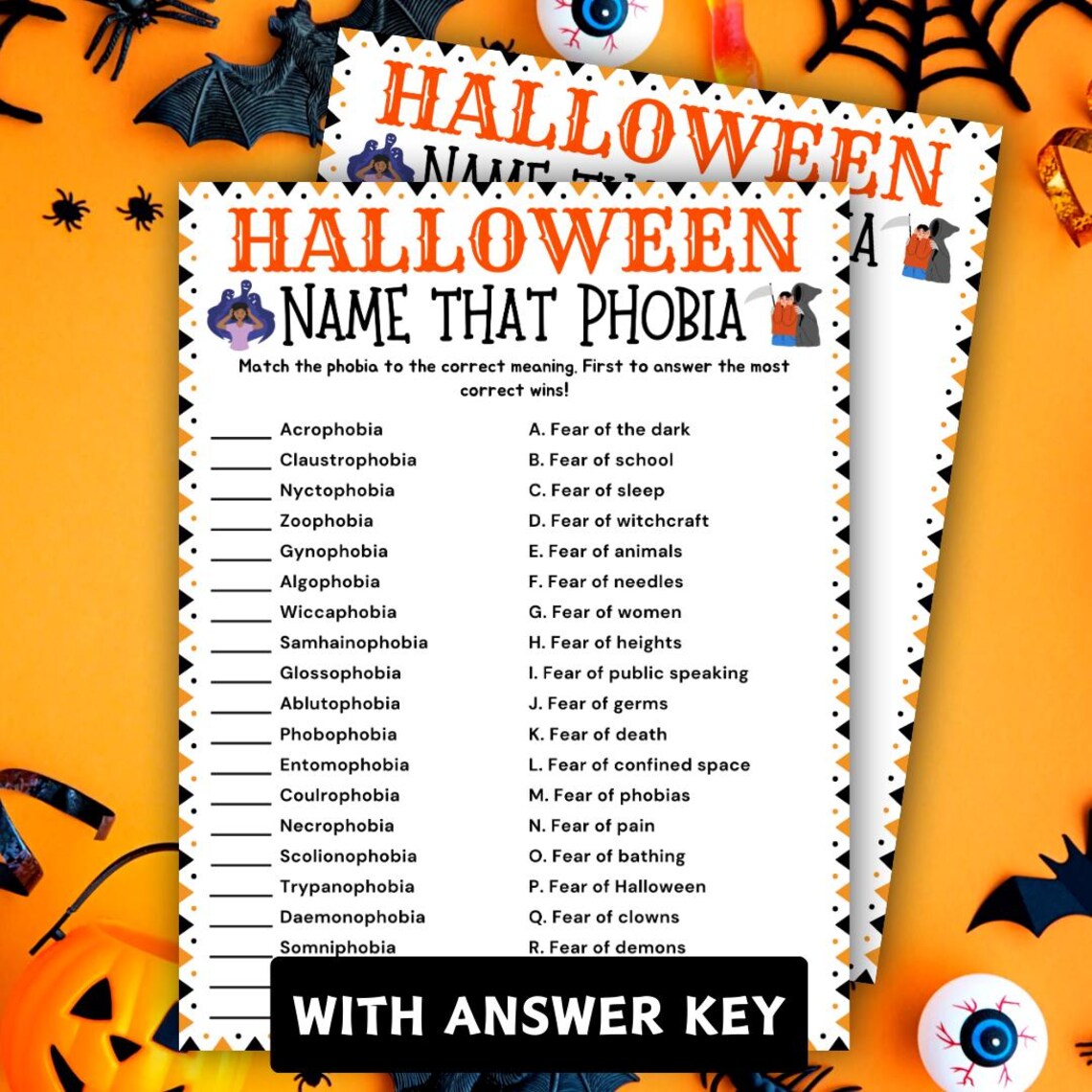 Halloween Name the Phobia Match Game, Phobia Trivia Game, Printable ...