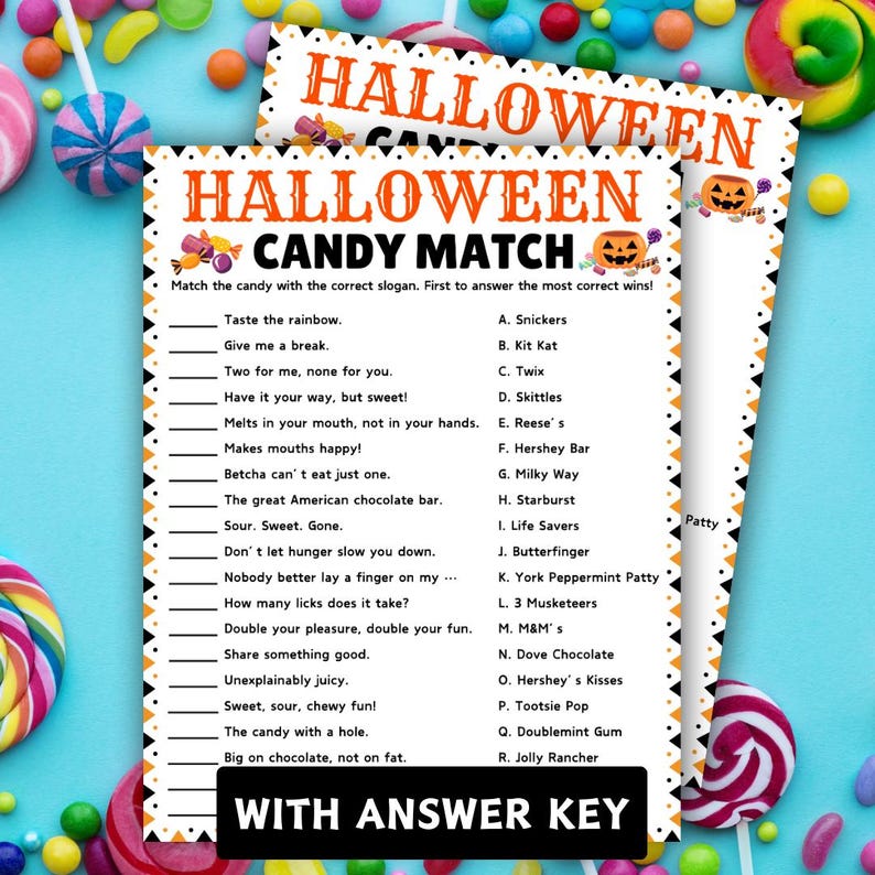 Halloween Candy Match Game, Candy Slogan Trivia Game, Printable ...