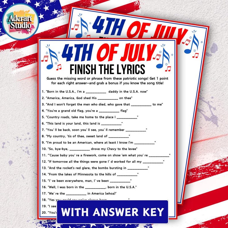 4th of July Finish the Lyrics Game, Printable 4th of July Party Games ...