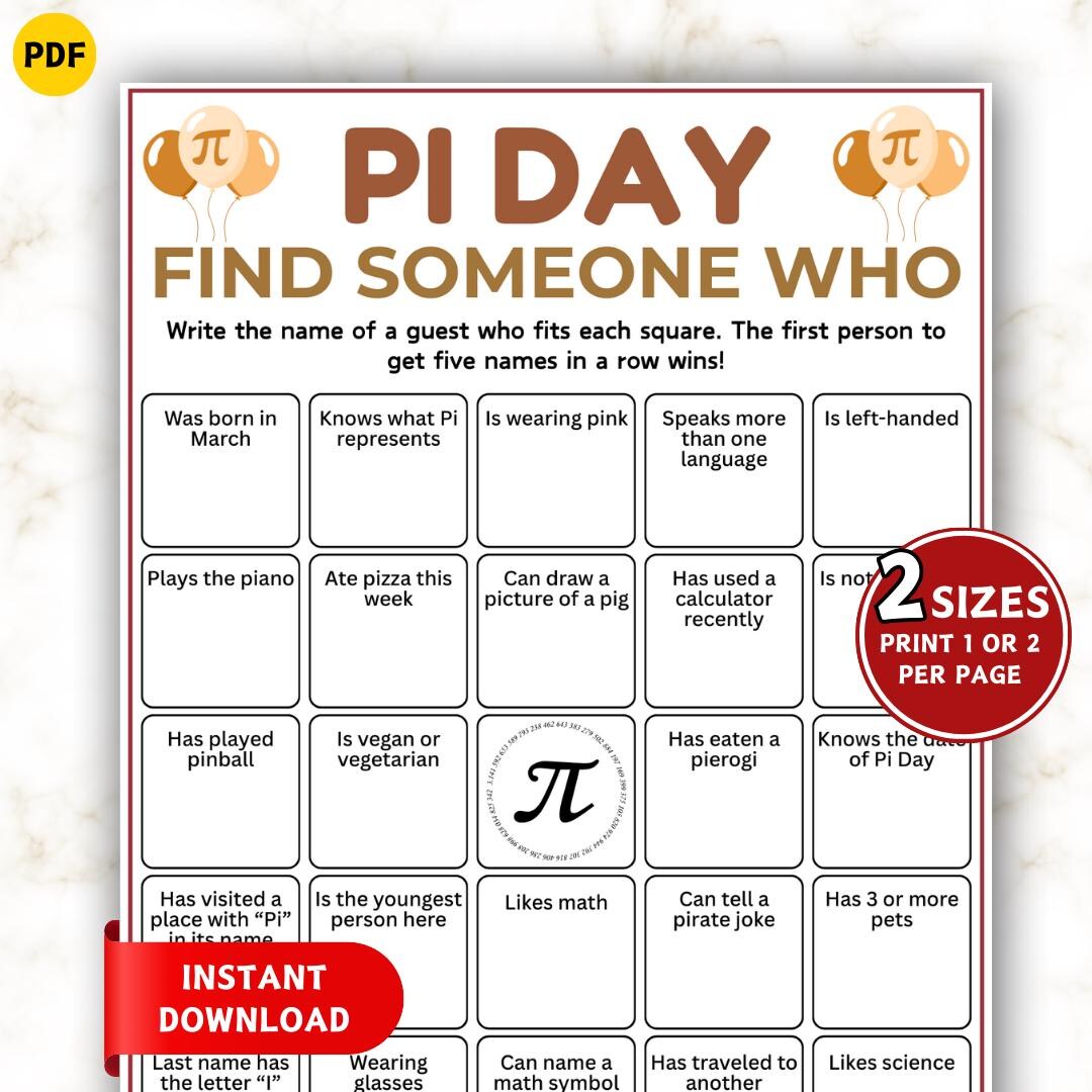 Pi Day Find Someone Who Bingo, Printable Pi Day Game, Classroom Pi Day ...