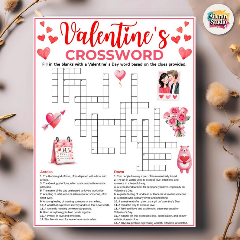 Printable Valentines Day Crossword Puzzle, Valentine Party Game for ...