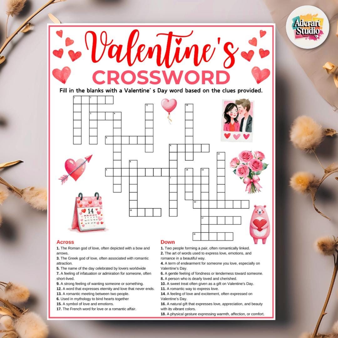 Printable Valentines Day Crossword Puzzle, Valentine Party Game for ...