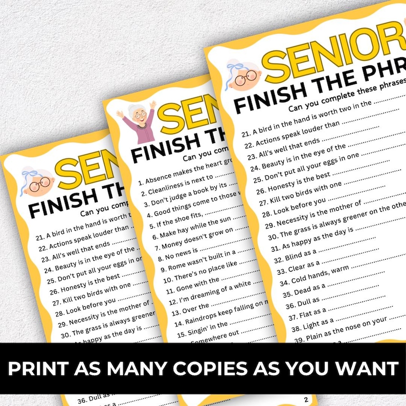 Senior Finish the Phrase Game, Printable Games for Senior Citizens ...