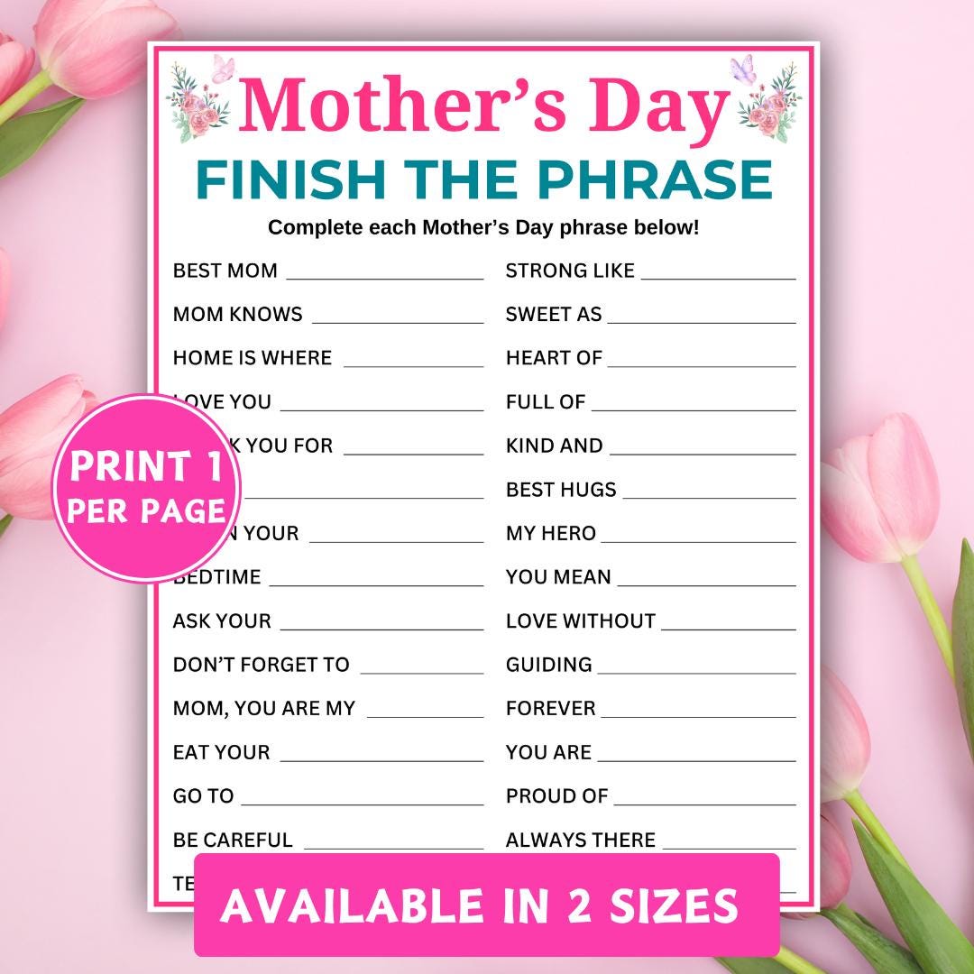 Mothers Day Phrase Game, Finish the Phrase, Printable Mothers Day Games ...