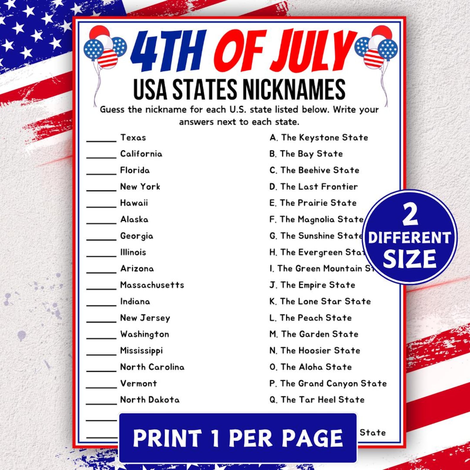 4th of July State Nickname Match up Game, Printable 4th of July Game ...