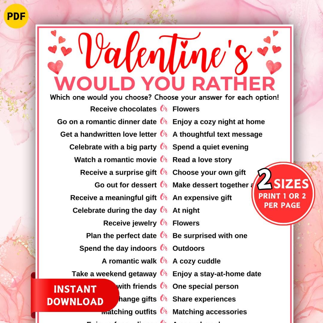 Valentine's Day Would You Rather Game, Printable Valentine's Game ...
