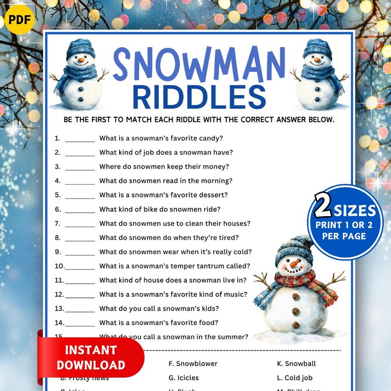Snowman Riddles Game, Riddle Me This, Printable Winter Activities ...