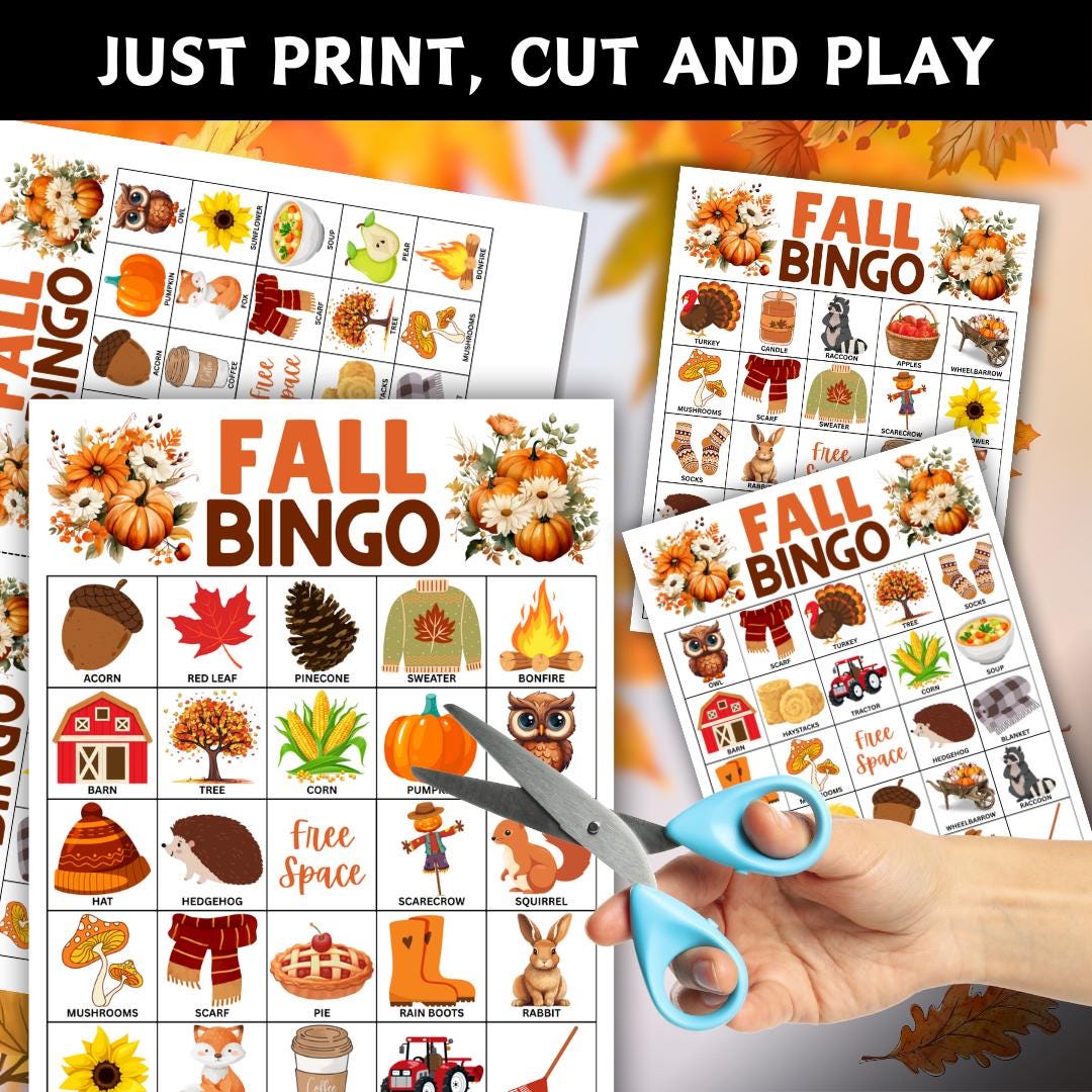 50 Fall Bingo Cards, Autumn Bingo, Fall Themed Bingo Cards PDF, Bingo ...