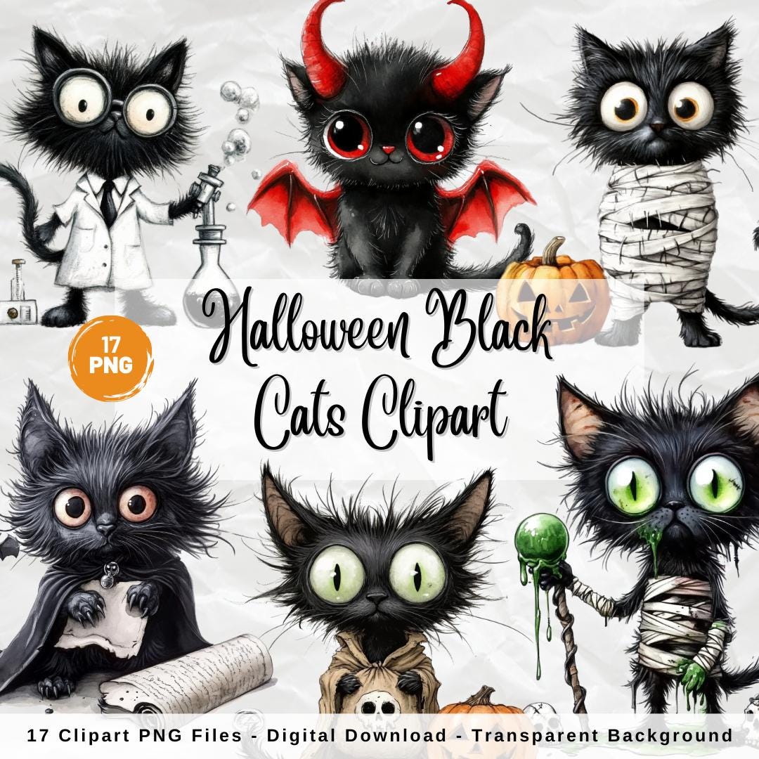Watercolor Halloween Black Cats Bundle Clipart, Creepy Kitten Clipart ...