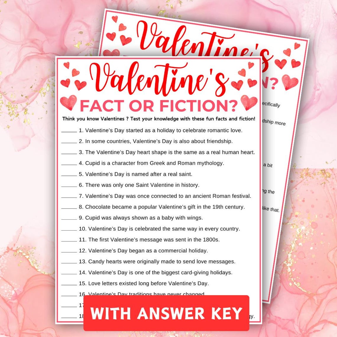 Valentine's Day Fact or Fiction Game, Printable Trivia Party Game ...