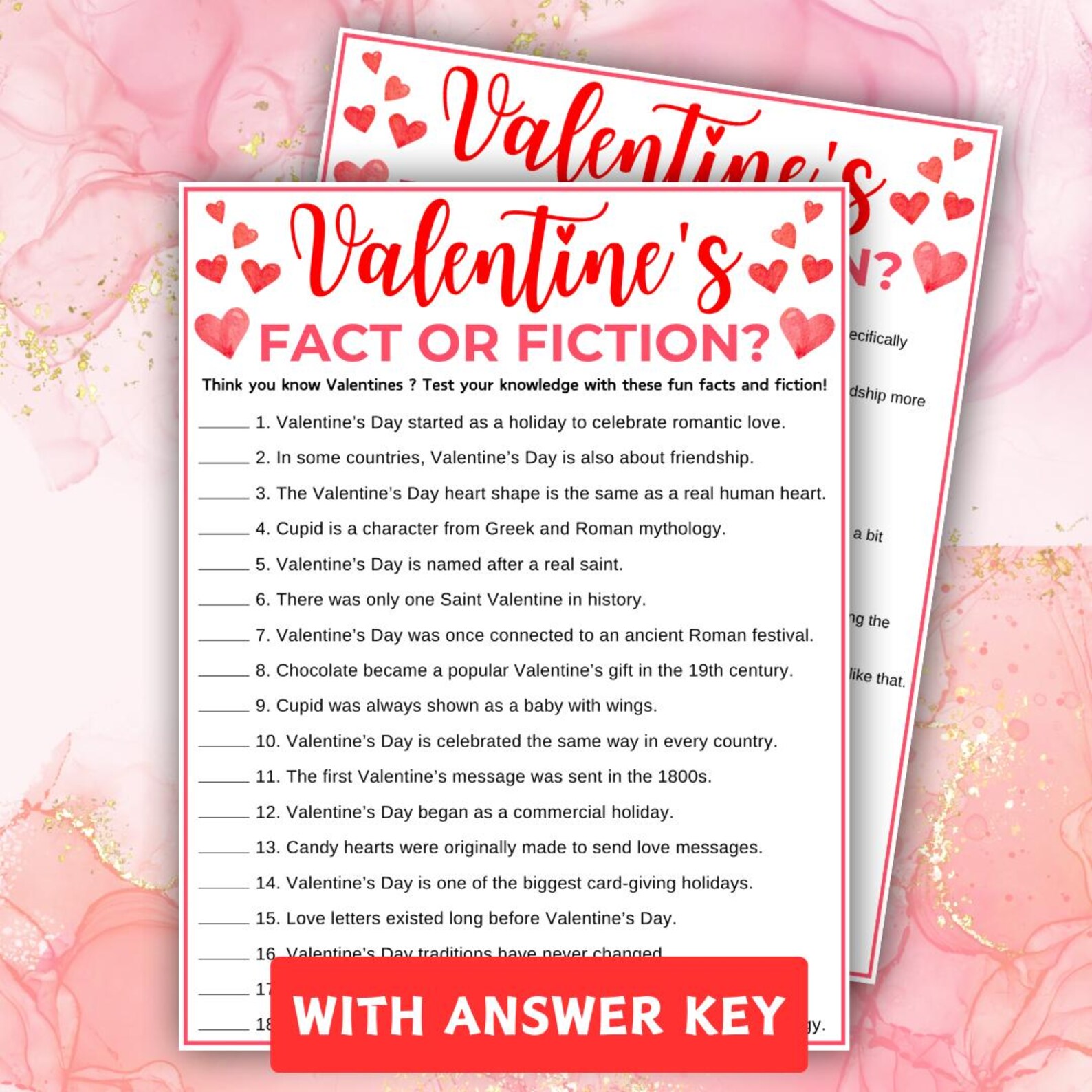 Valentine's Day Fact or Fiction Game, Printable Trivia Party Game ...
