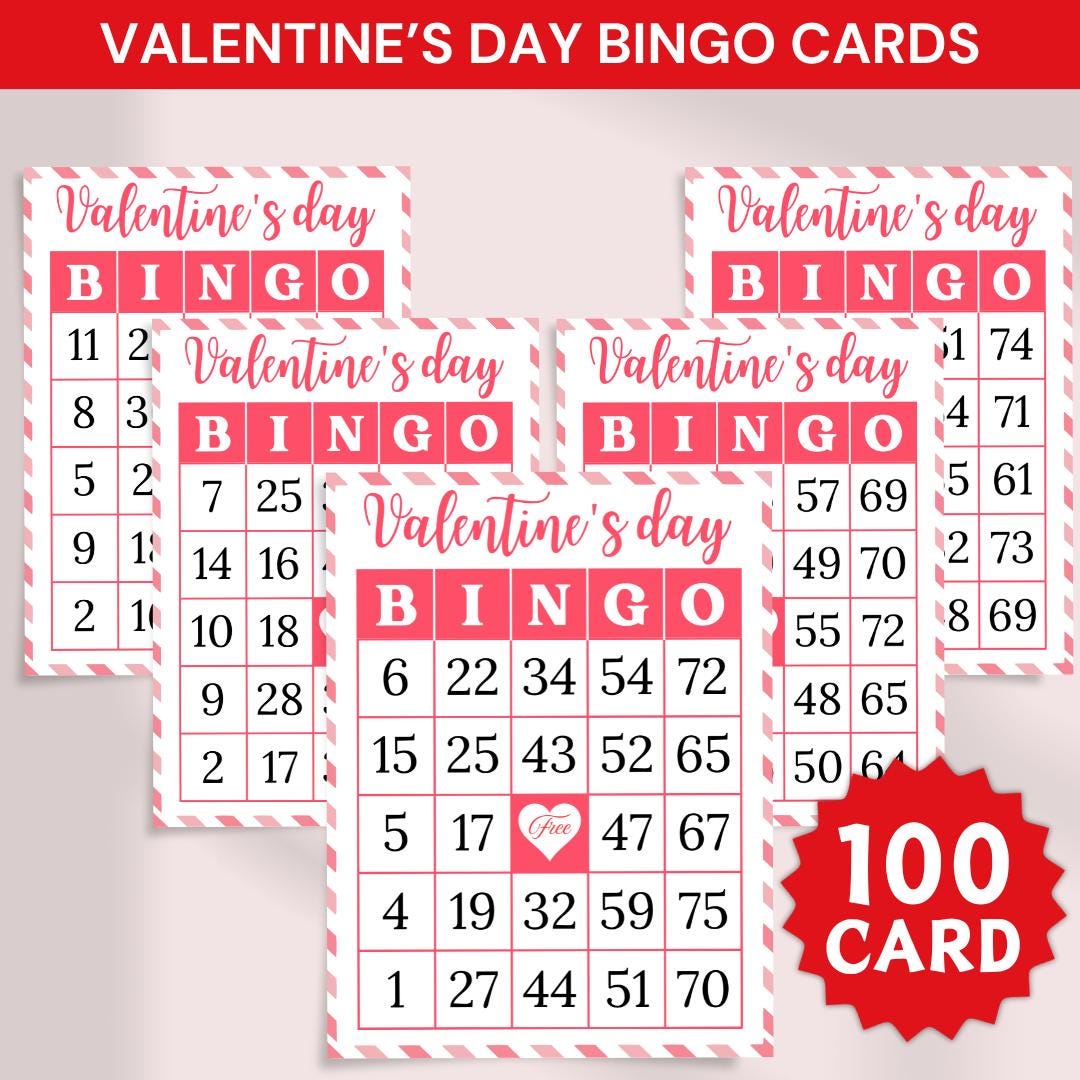 100 Valentine's Day Bingo Cards, Valentines Party Game, Valentines ...