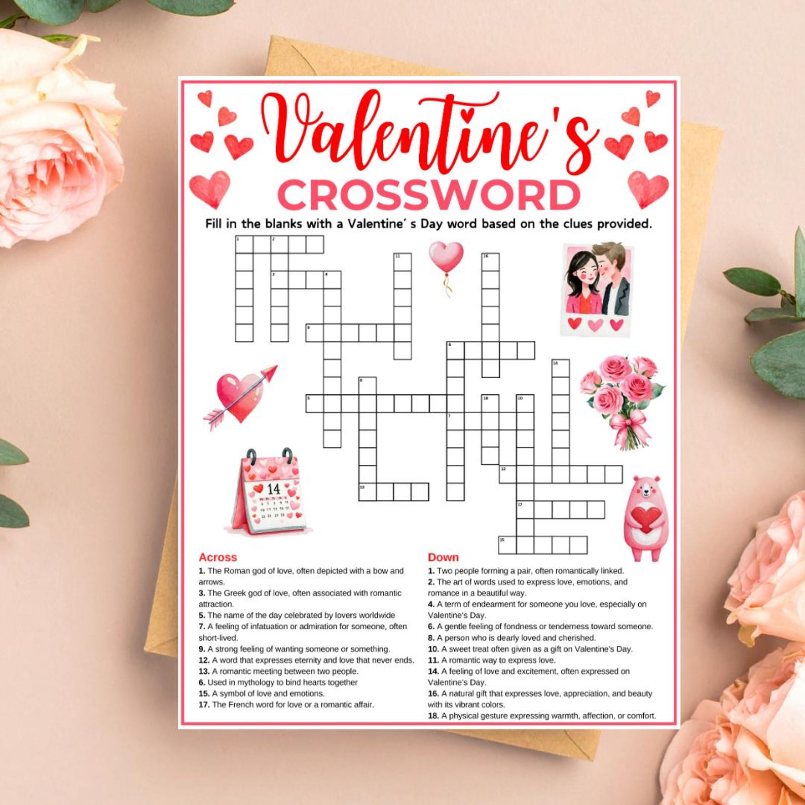 Printable Valentines Day Crossword Puzzle, Valentine Party Game for ...