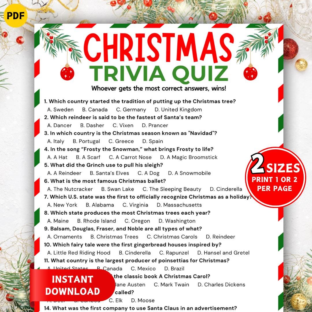 Christmas Trivia Game, Printable Xmas Trivia Quiz, Fun Christmas Games ...
