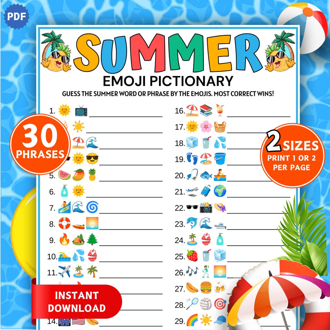 Summer Emoji Game, Printable Summer Emoji Pictionary, Trivia Game ...