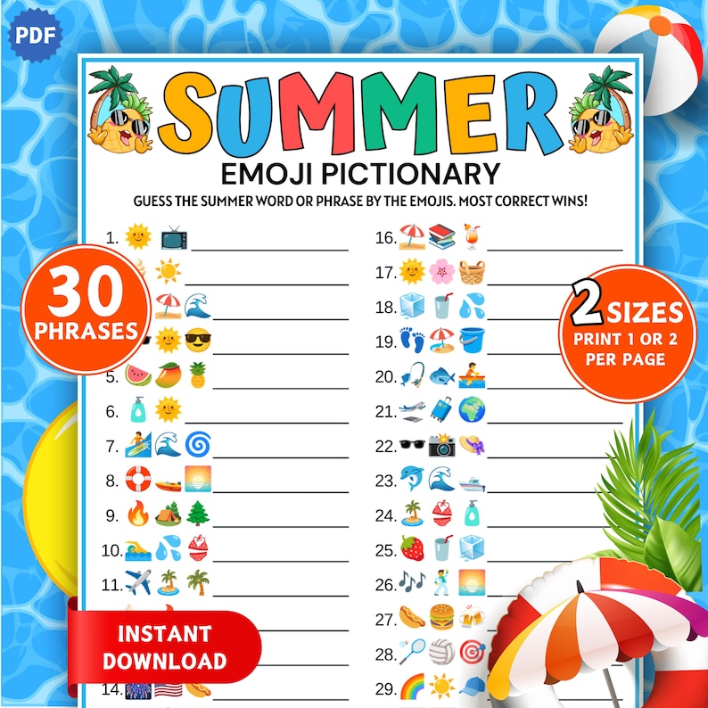 Summer Emoji Game, Printable Summer Emoji Pictionary, Trivia Game ...