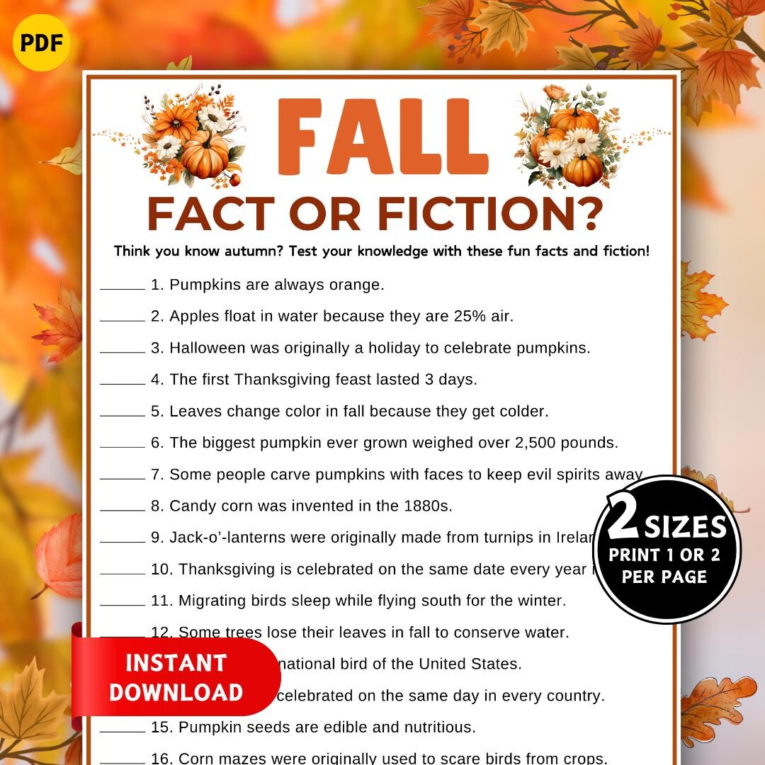 Fall Fact or Fiction Game, Printable Autumn Fact Quiz, Fall Trivia Game ...