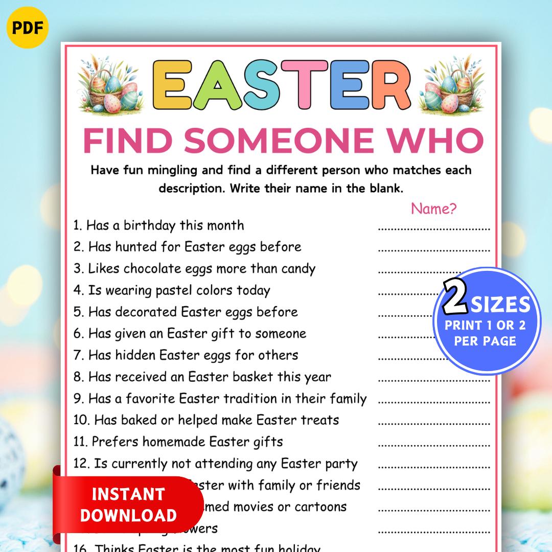Easter Find Someone Who Game, Printable Easter Games, Easter Party Game ...