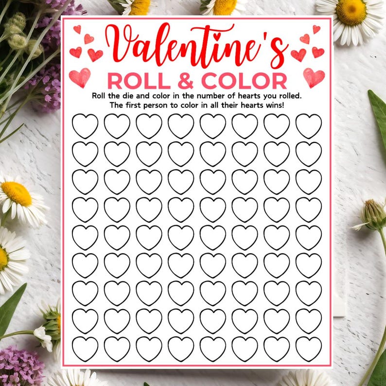 Printable Valentines Day Roll and Color Game, Valentines Party Game ...