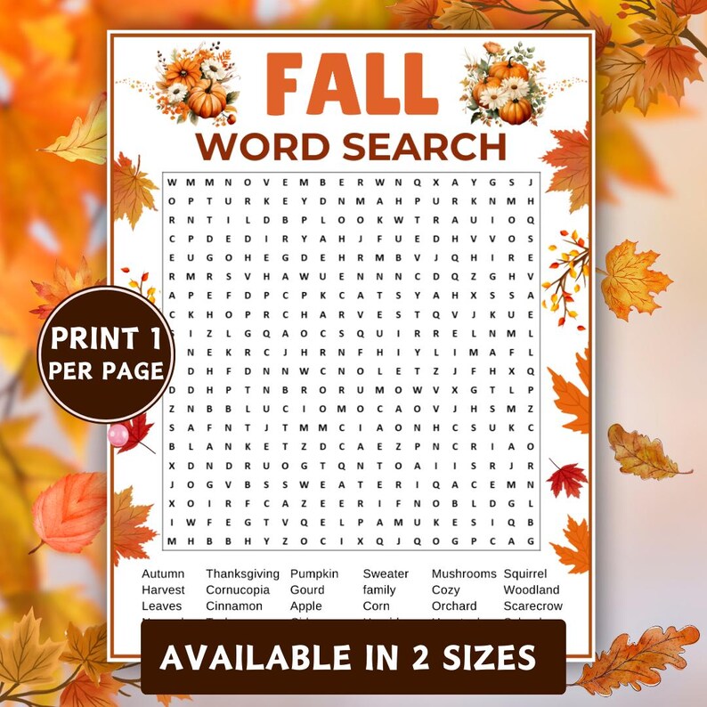 Fall Word Search Game, Printable Autumn Party Games, Word Search Puzzle ...