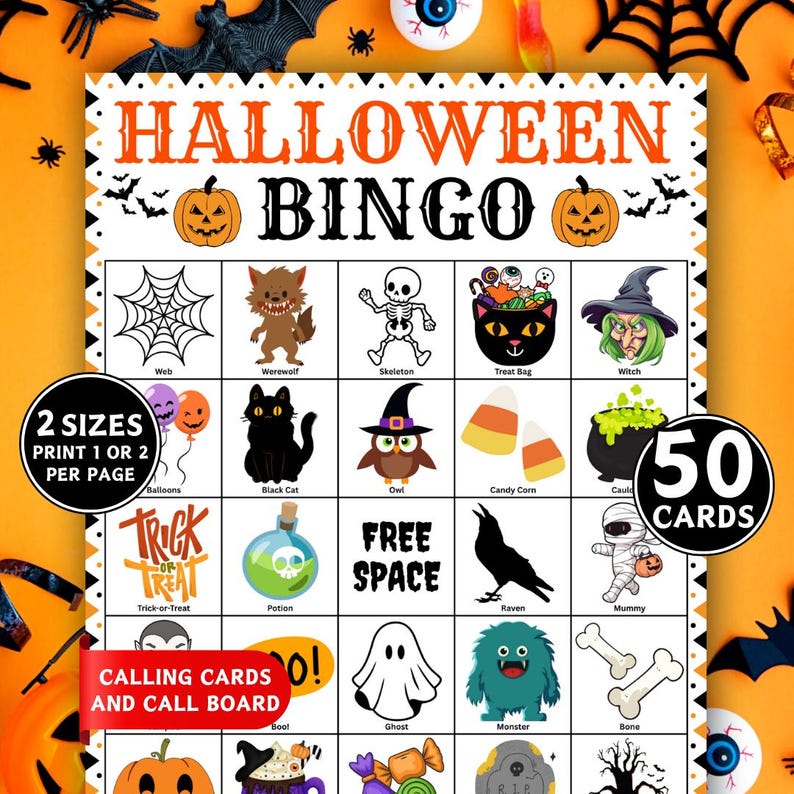 50 Halloween Bingo Cards, Halloween Bingo Game, Halloween Party Games ...
