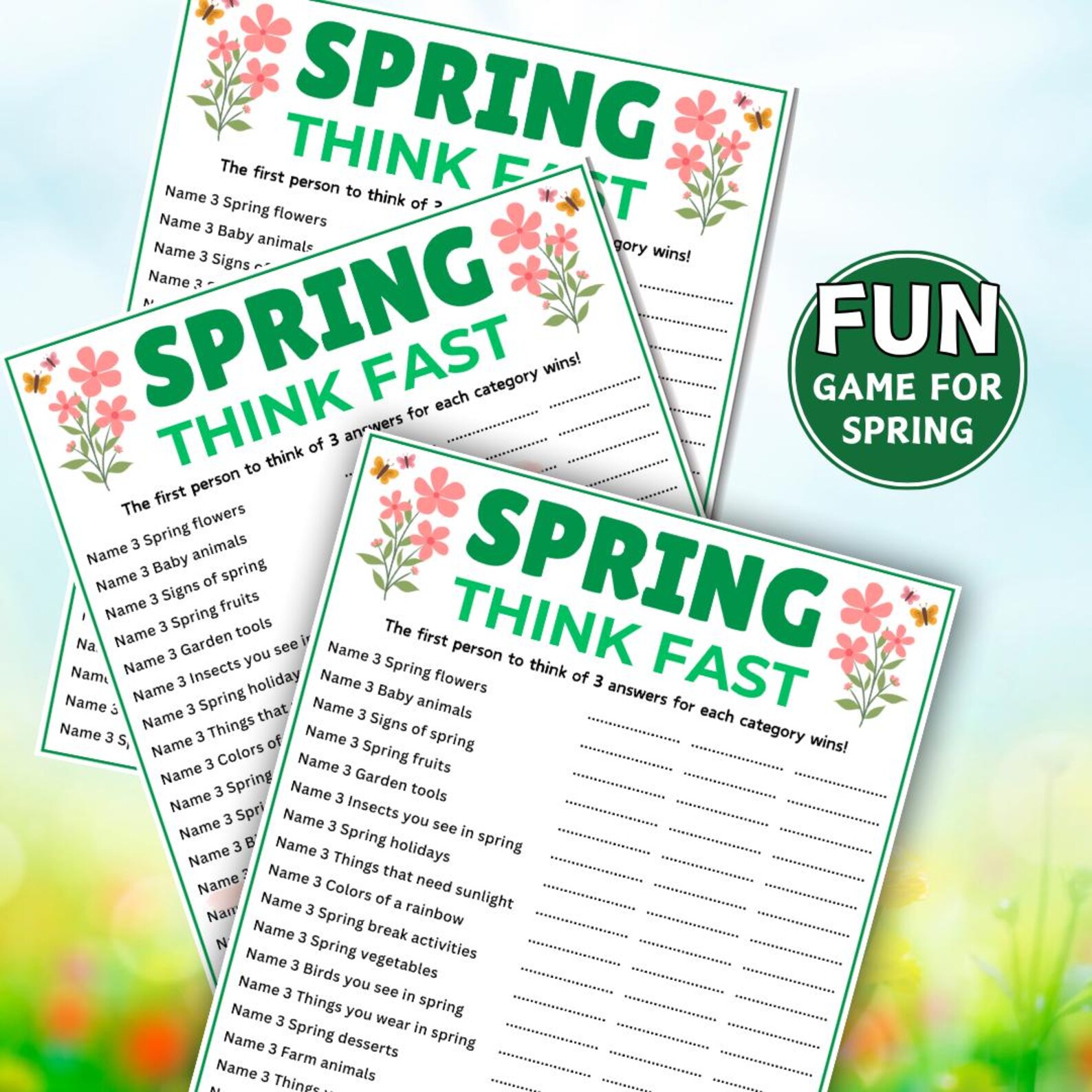 Spring Think Fast Game! Printable Spring Games, Think Quick Trivia Game ...