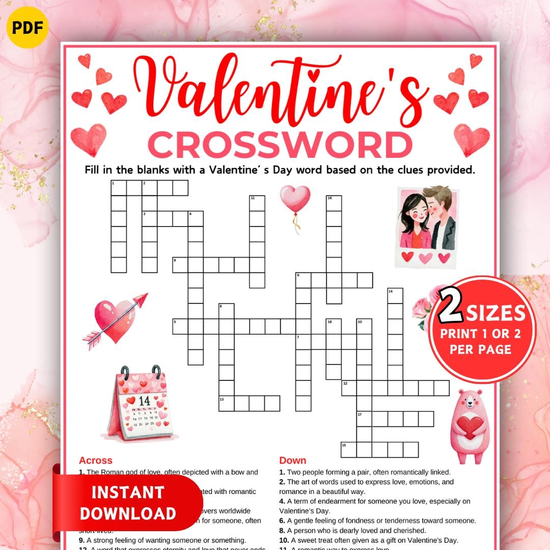 Printable Valentines Day Crossword Puzzle, Valentine Party Game for ...