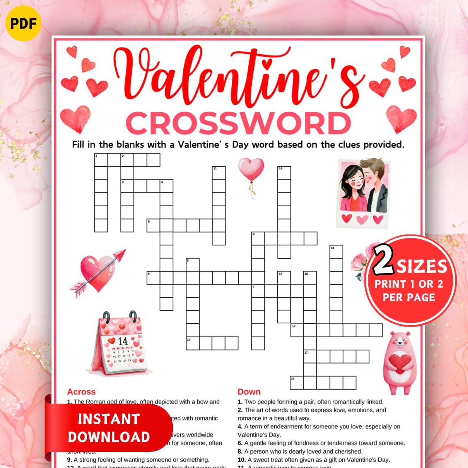 Printable Valentines Day Crossword Puzzle, Valentine Party Game for ...