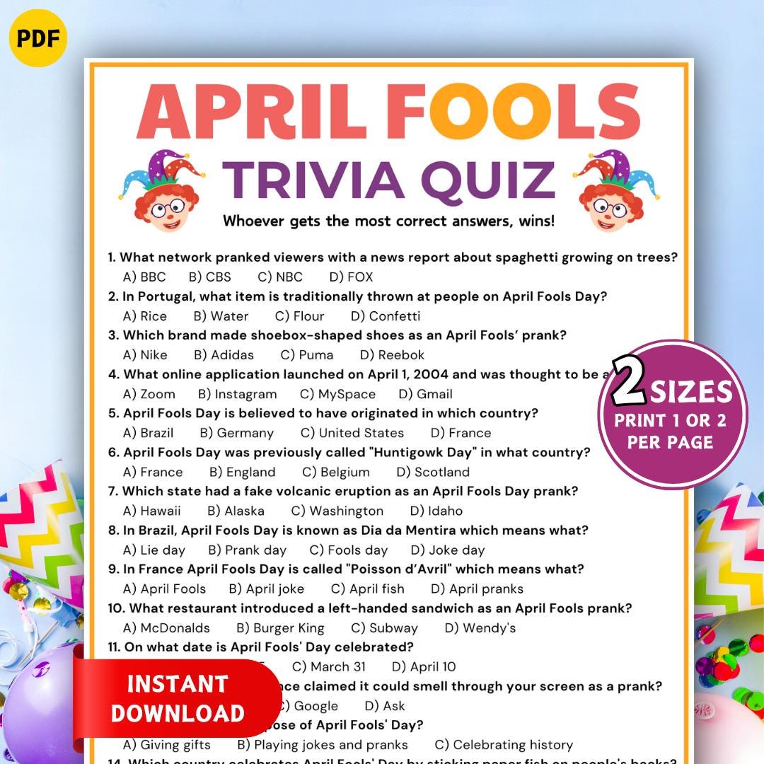 April Fools' Day Trivia Game, Printable April Fools Trivia Quiz, April ...