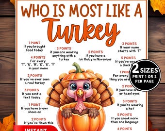 Thanksgiving Game Who is Most Like a Turkey Game, Thanksgiving Game ...