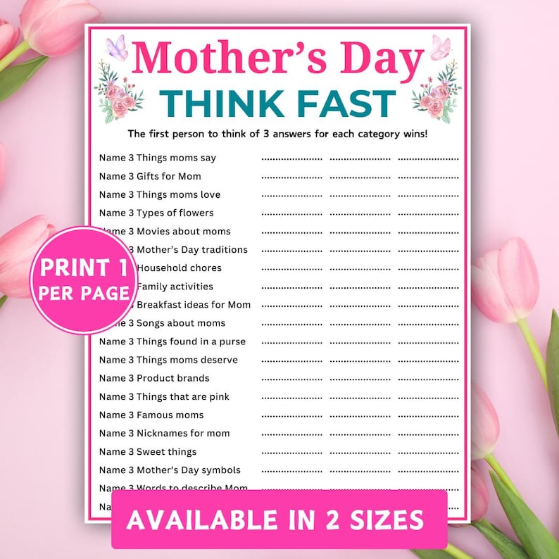 Mothers Day Think Fast Game! Printable Mother's Day Games, Think Quick ...