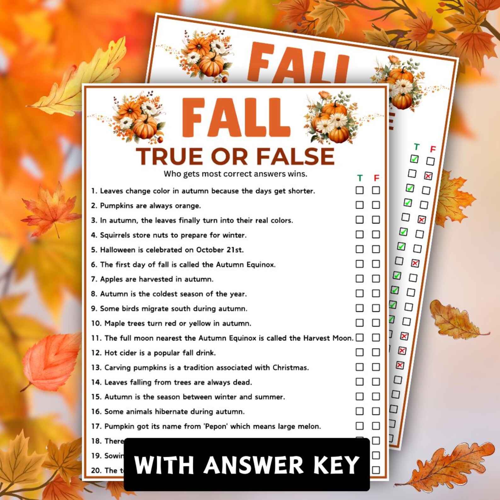Fall Trivia Game, True or False Game, Printable Autumn Party Game, Fun ...