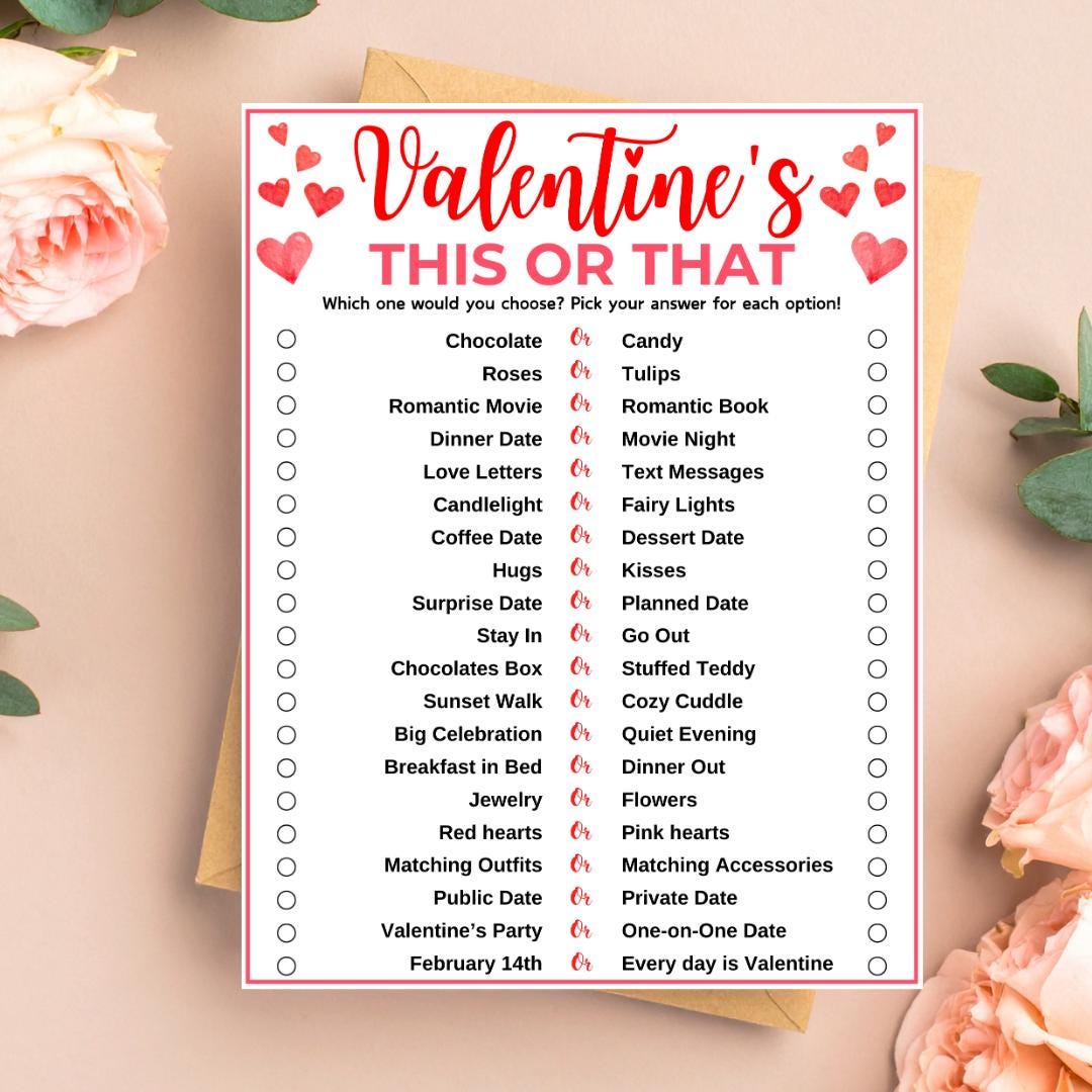 Printable Valentine's Day This or That Game, Would You Rather Questions ...