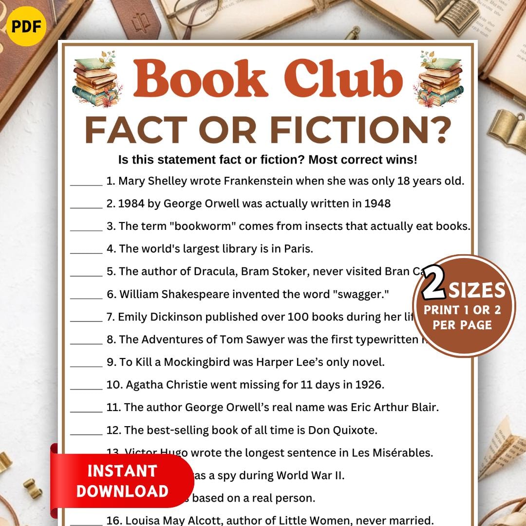 Fact or Fiction Game, Printable Book Club Games, Book Club Icebreaker ...