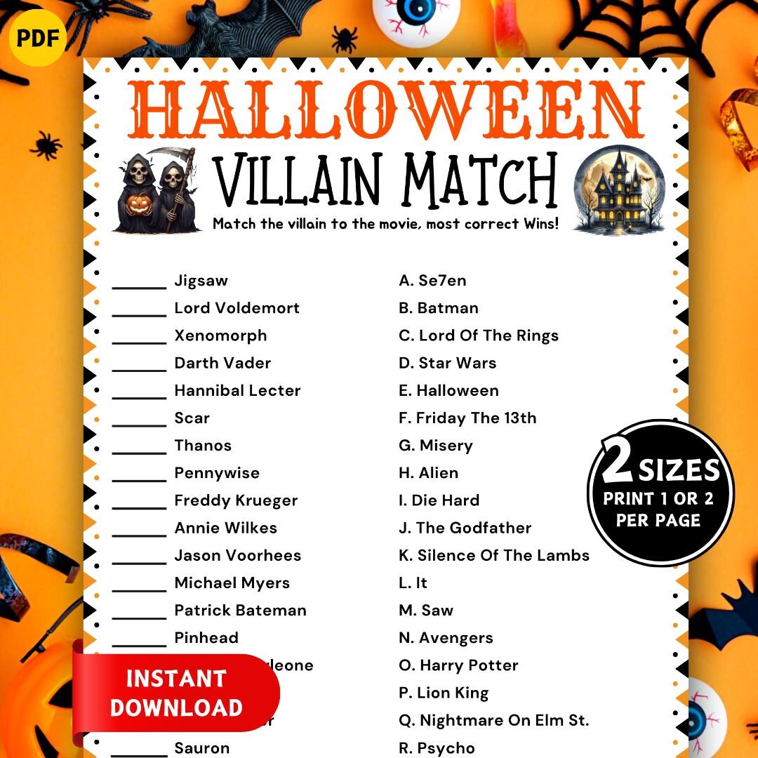 Halloween Movie Villain Match up Game, Printable Halloween Game, Fun ...