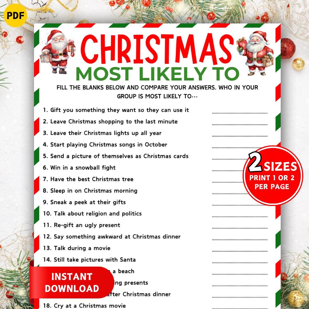 Christmas Most Likely to Game, Printable Christmas Game, Christmas ...