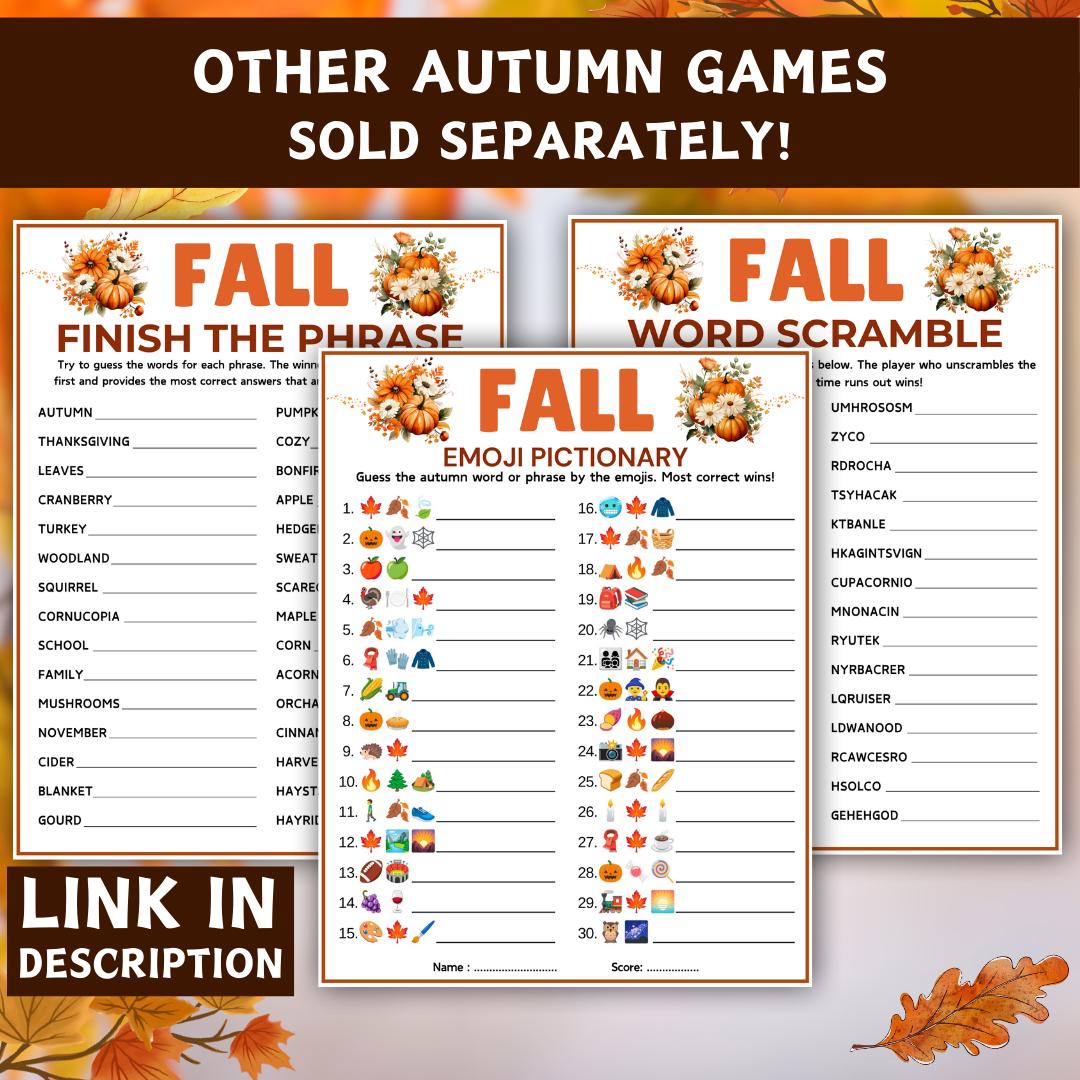Fall Word Search Game, Printable Autumn Party Games, Word Search Puzzle ...