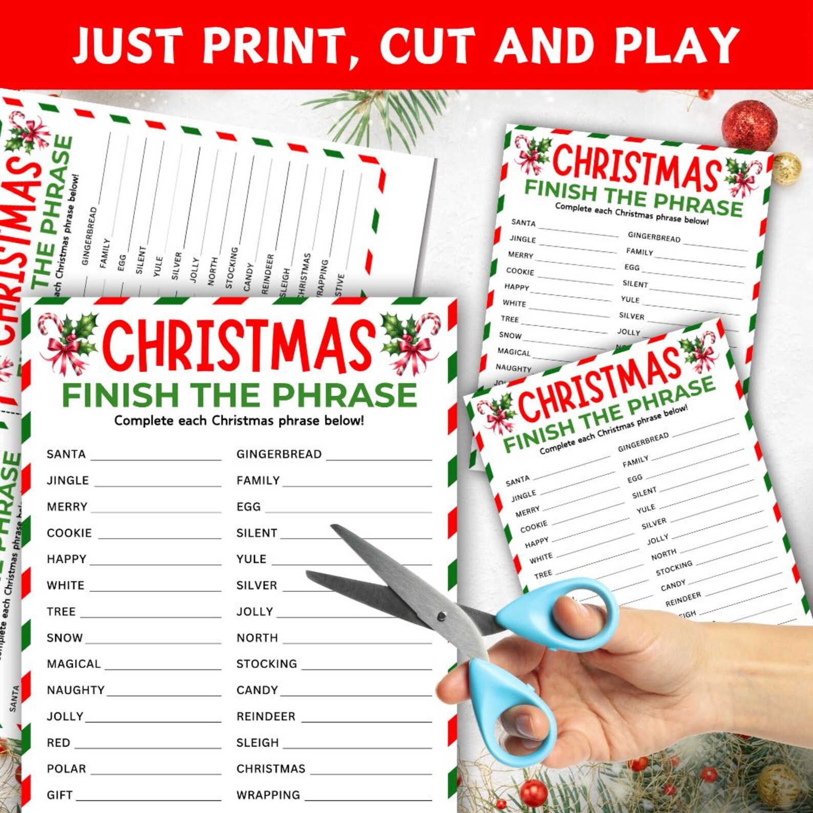 Christmas Finish the Phrase Game, Christmas Phrase Game, Printable ...