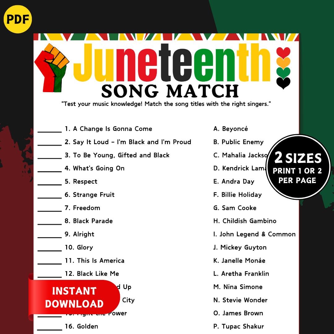 Juneteenth Song Match up Game, Printable Juneteenth Music Quiz, Match ...