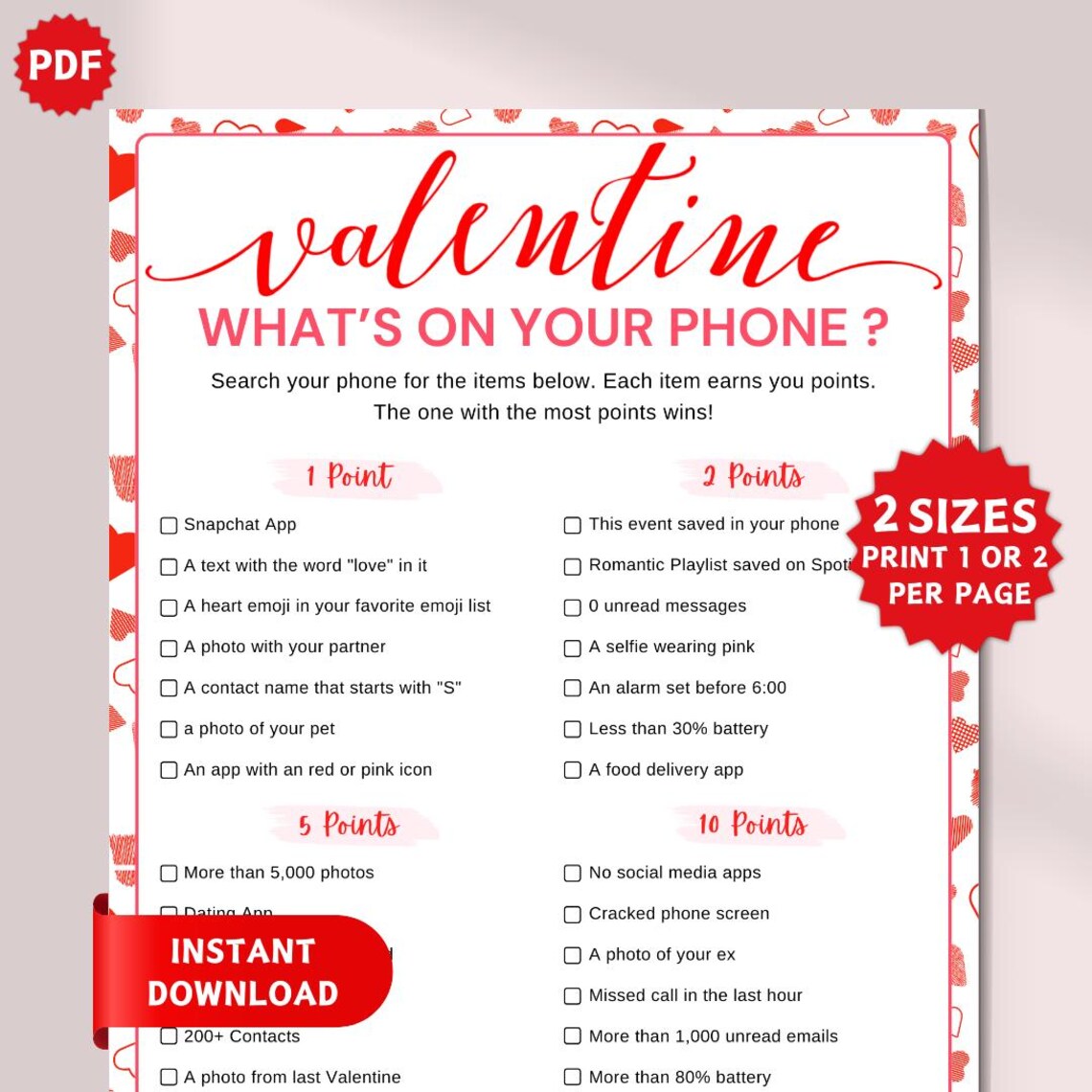 Valentine's Day What's on Your Phone Game, Valentines Printable Games ...